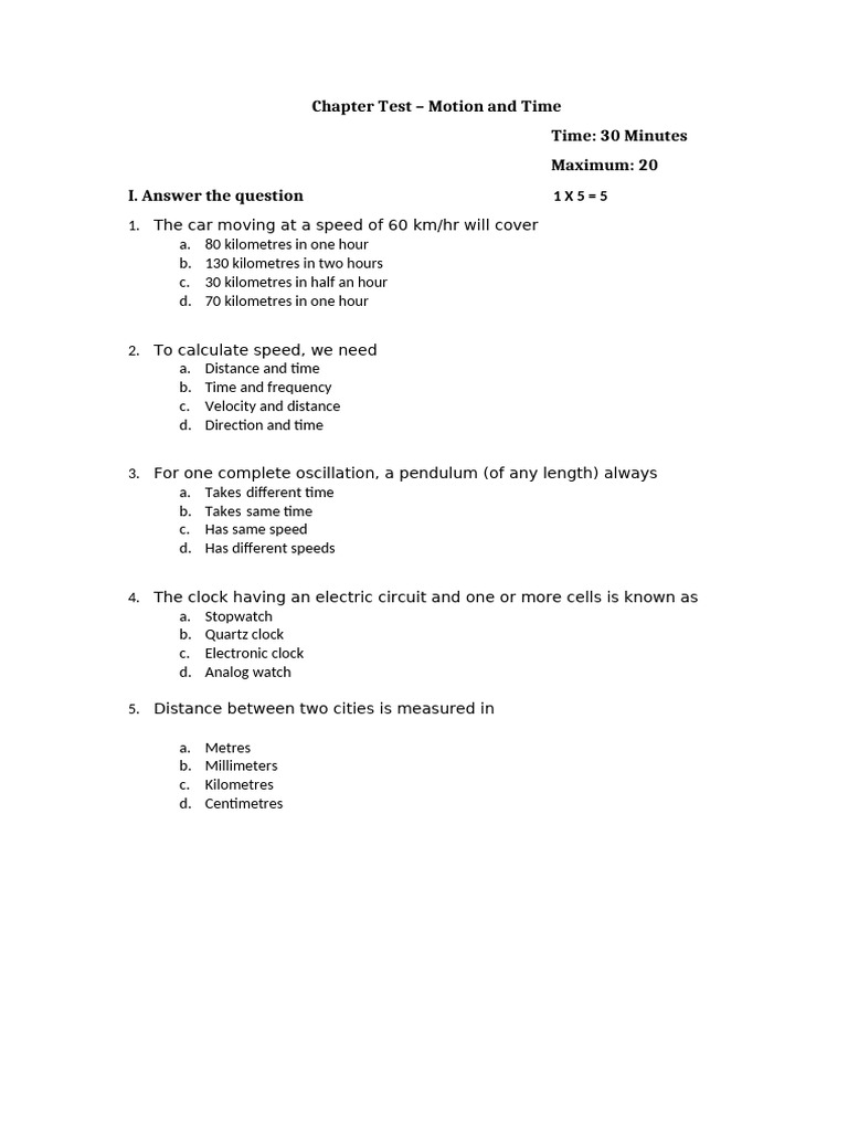 CBSE Class 7 - Motion and Time Chapter Test | PDF