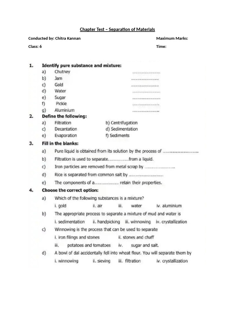 Chapter Test - Class 6 - Seperation of Materials | PDF
