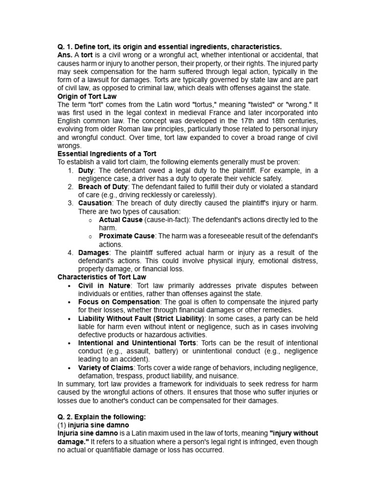 TORT-important Questions With Answers | PDF | Damages | Tort