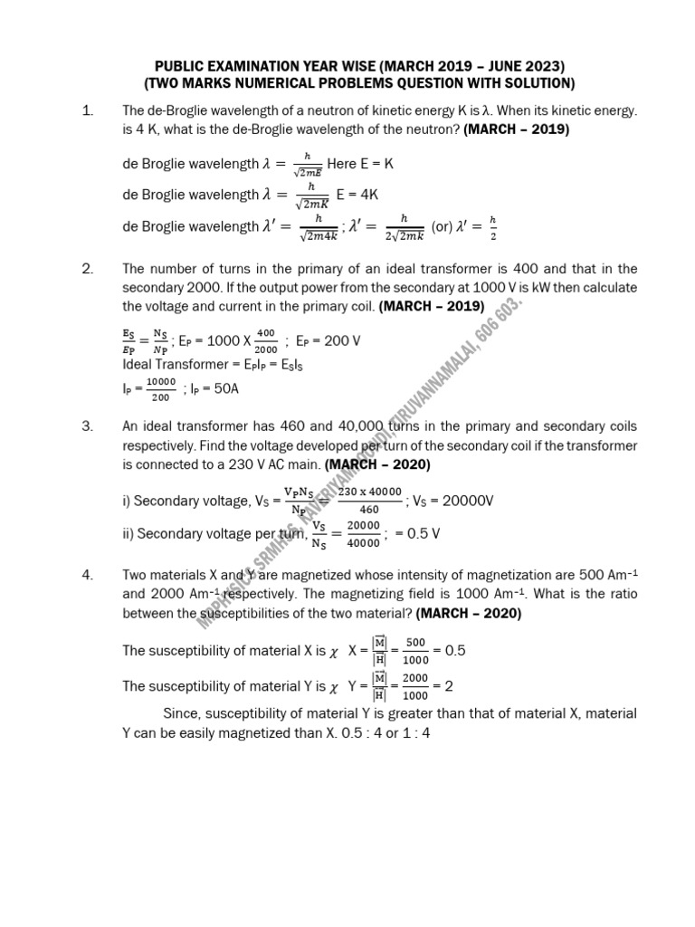 12th Physics Numerical Problem Questions With Answer English Medium PDF ...
