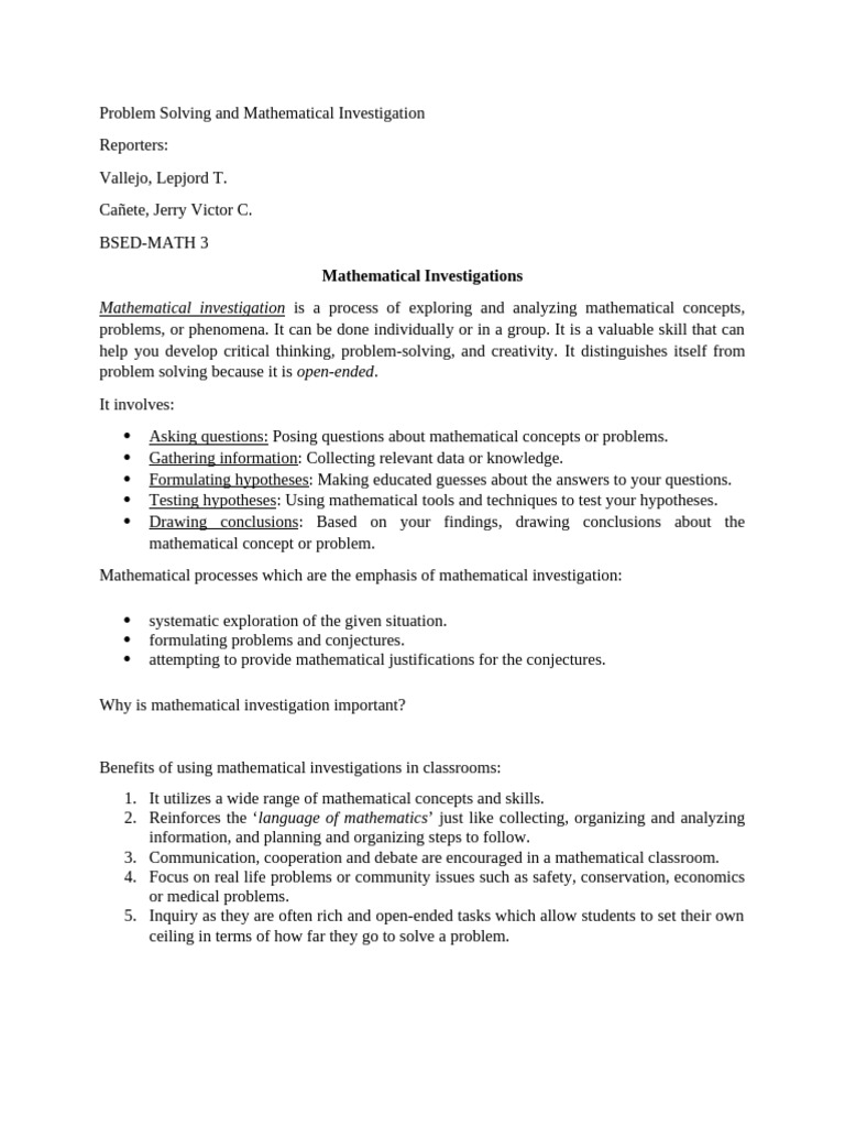 Problem-Solving and Mathematical Investigations | PDF