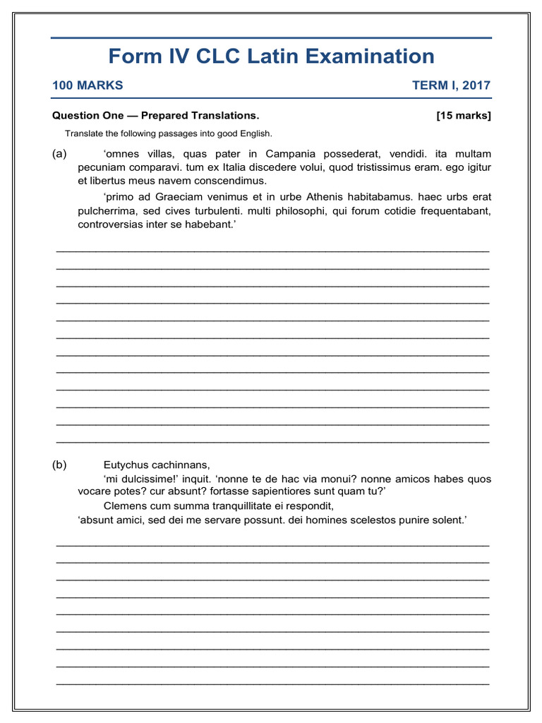 CLC Latin Exam: Term I 2017 | PDF | Grammatical Gender | Grammatical Number