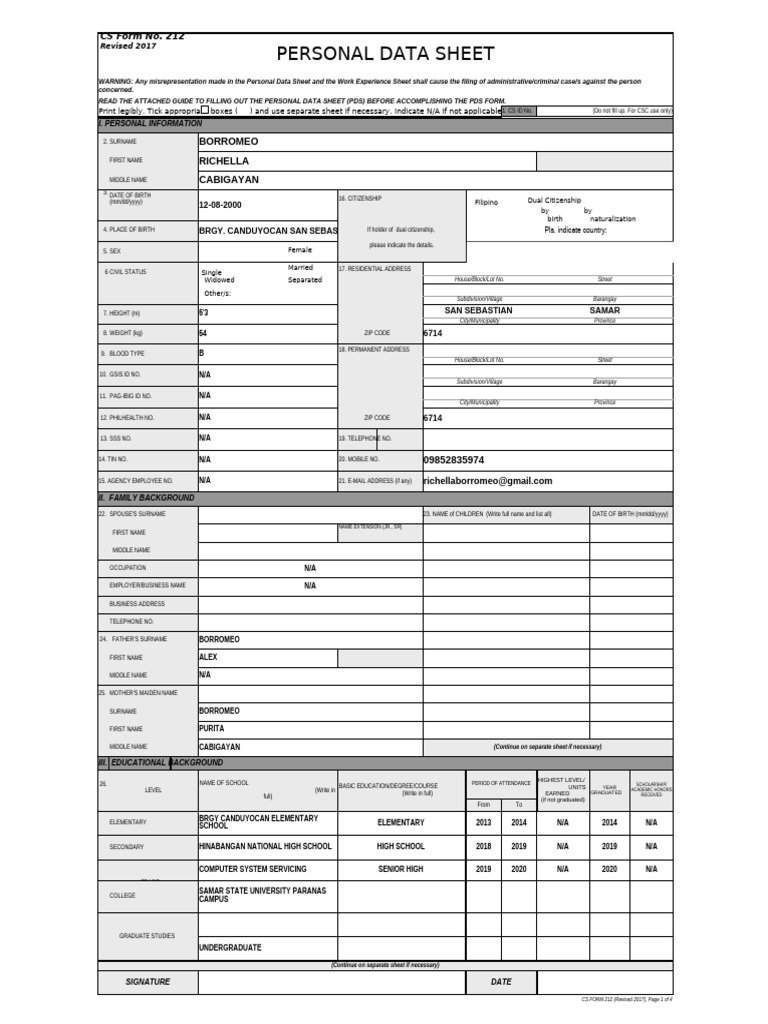 External Volume File Pds Cs Form No 212 Revised Pds 2017 Blank Pdf
