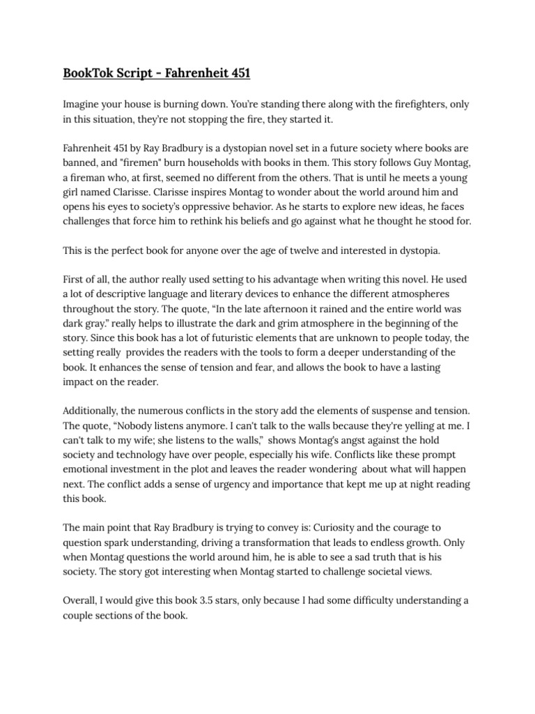 BookTok Script - Fahrenheit 451 | PDF