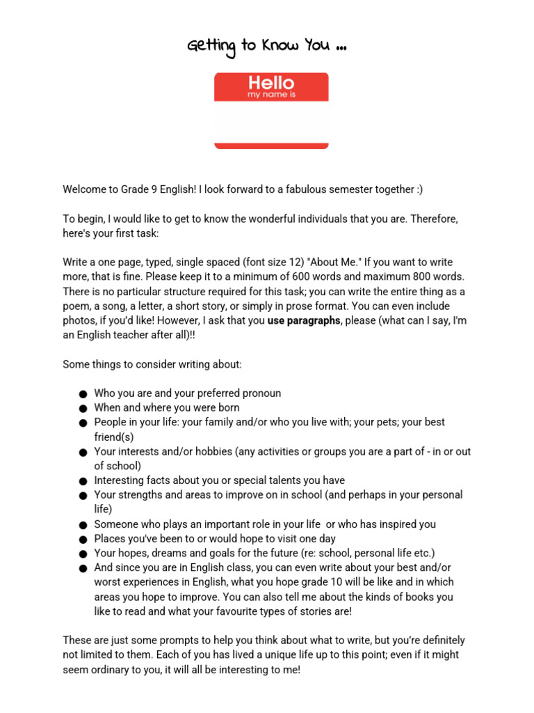 About Me-Writing Task | PDF