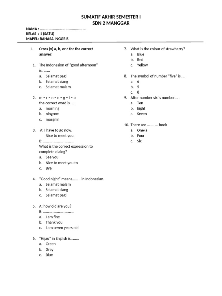 SAS 1 B.inggris Kls 1 | PDF