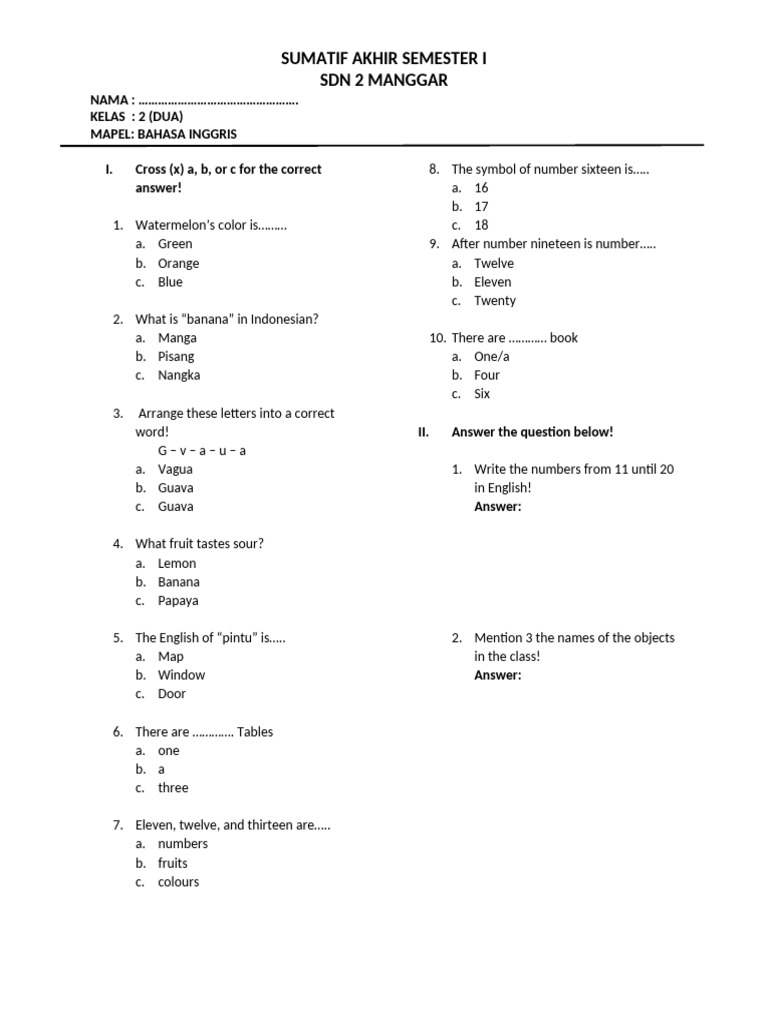 English Exam for Grade 2 Students | PDF