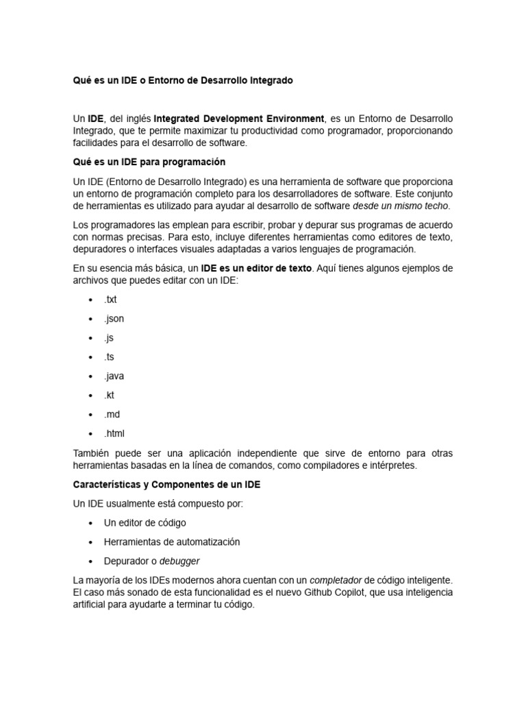 Qué es un IDE o Entorno de Desarrollo Integrado | PDF | Entorno de ...