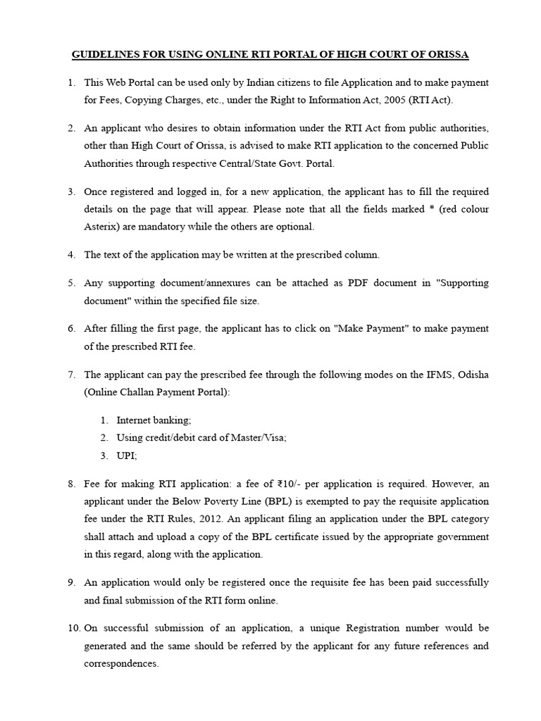 RTI Portal Guidelines for Orissa High Court | PDF