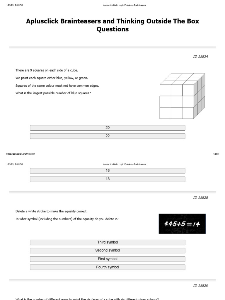 Aplusclick Math Logic Problems Brainteasers | PDF | Triangle | Area