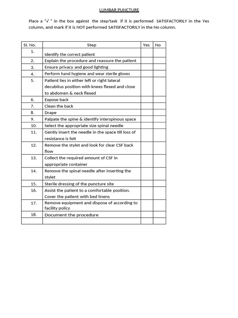 Lumbar Puncture Procedure Checklist | PDF