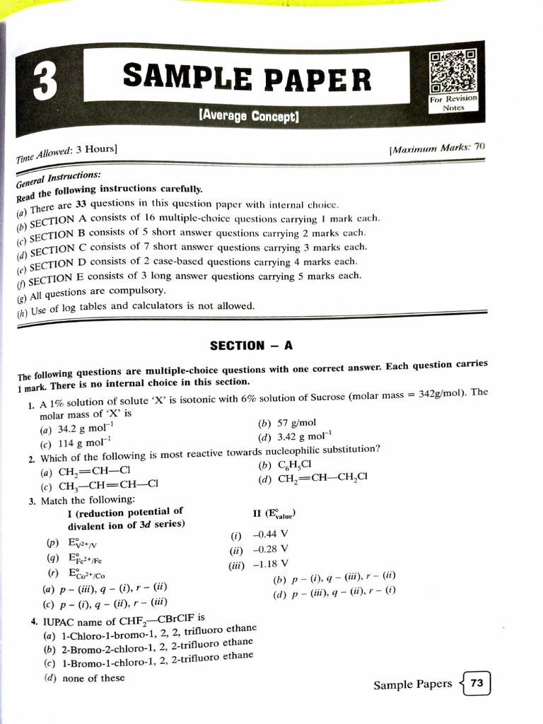 Chemistry Sample Paper with Marking Scheme | PDF | Chemical Reactions ...