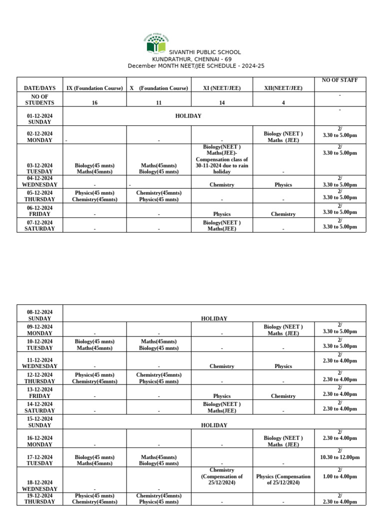 December NEET JEE Schedule | PDF