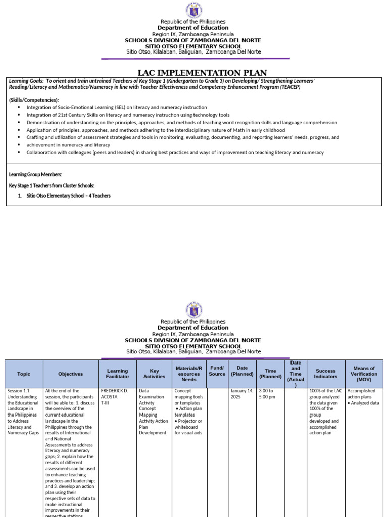 LAC IMPLEMENTATION PLAN SITIO OTSO ES | PDF | Reading Comprehension | Literacy