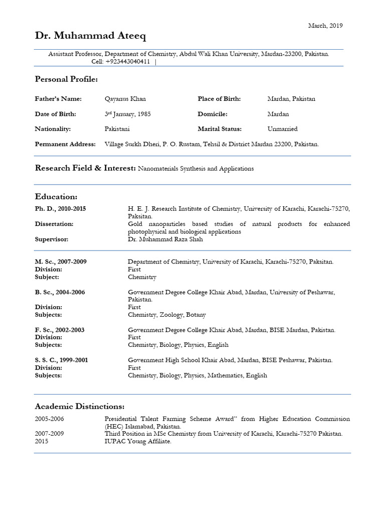 Dr. Muhammad Ateeq's Academic Profile | PDF | Pakistan | Chemistry