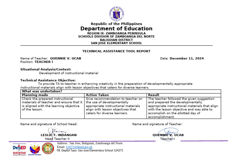 Technical Assistance Report for Teachers | PDF