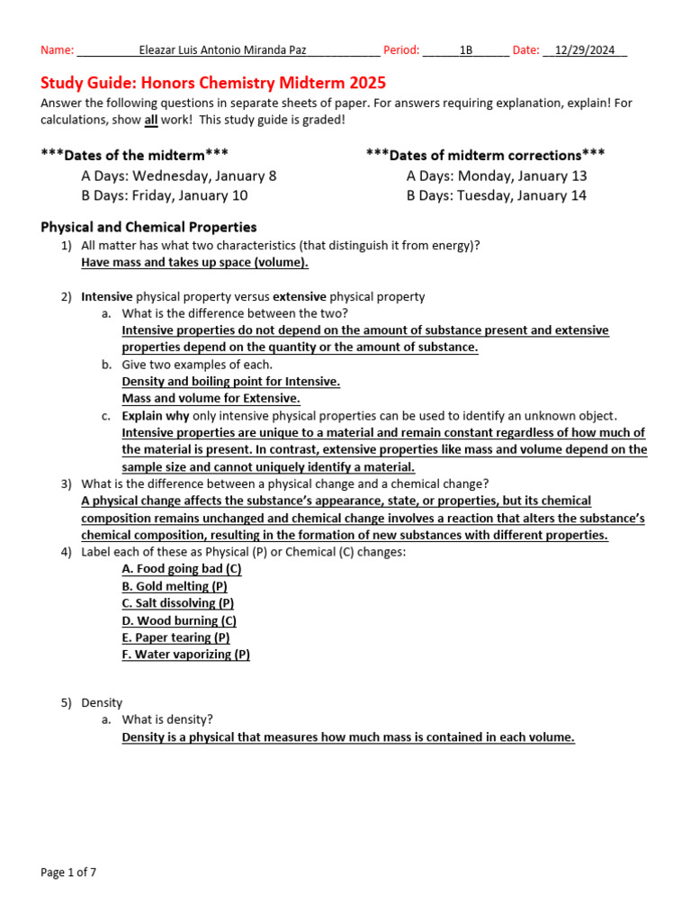 Study Guide - Chemistry Midterm 2025 (Honors) Answers | PDF | Nuclear Physics | Radioactive Decay