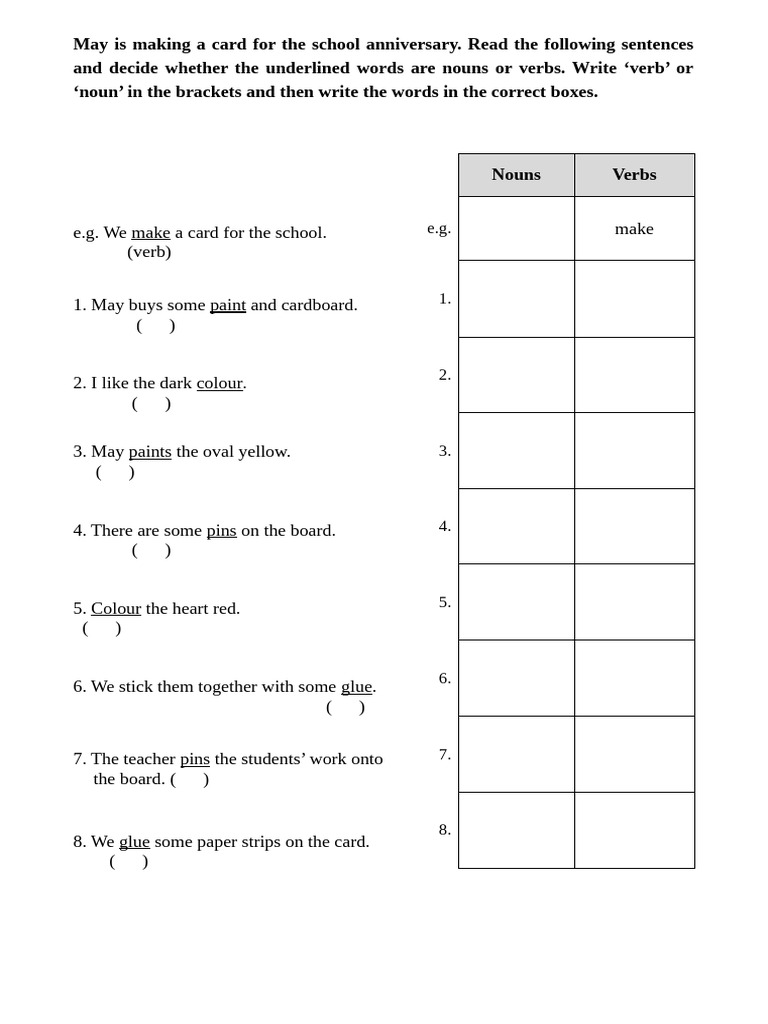 Vocabulary - Identifying Verbs and Nouns - KS1 | PDF