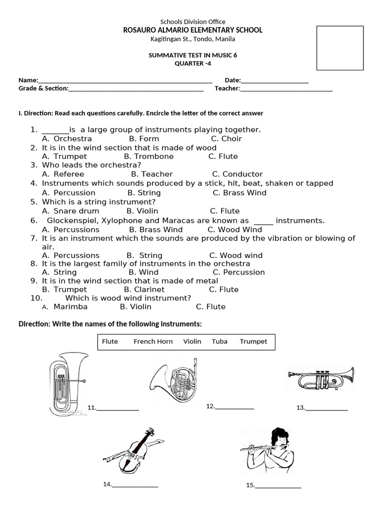Music 6 Summative Test - Quarter 4 | PDF | Musical Instruments | Orchestras