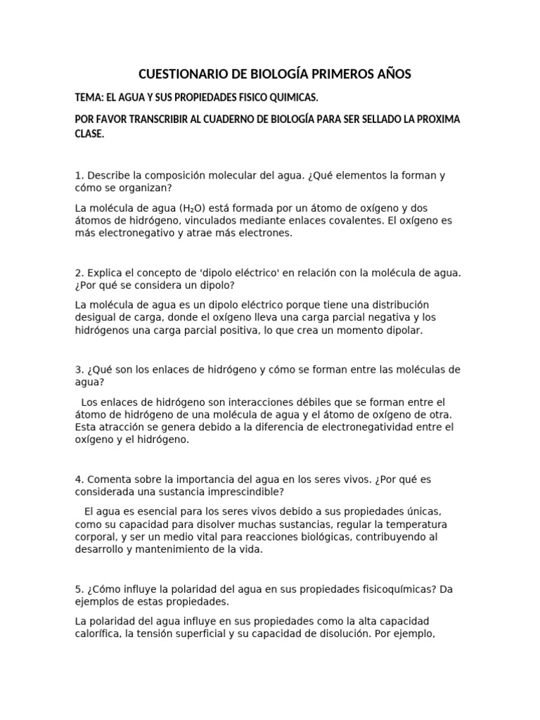 Cuestionario N ° De BiologÍa Primeros AÑos Pdf Propiedades Del Agua Agua