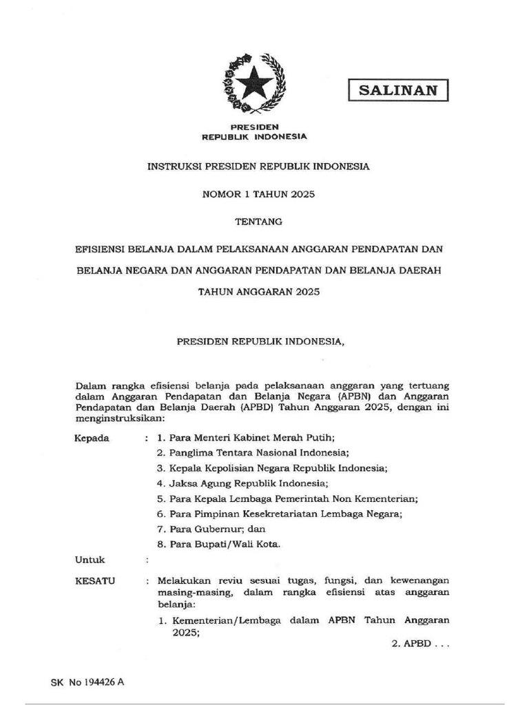 Inpres 1 Tahun 2025 | PDF