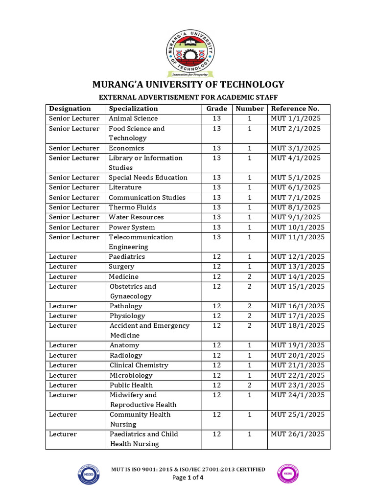 Academic Positions at Murang’a University | PDF | Academic Degree ...