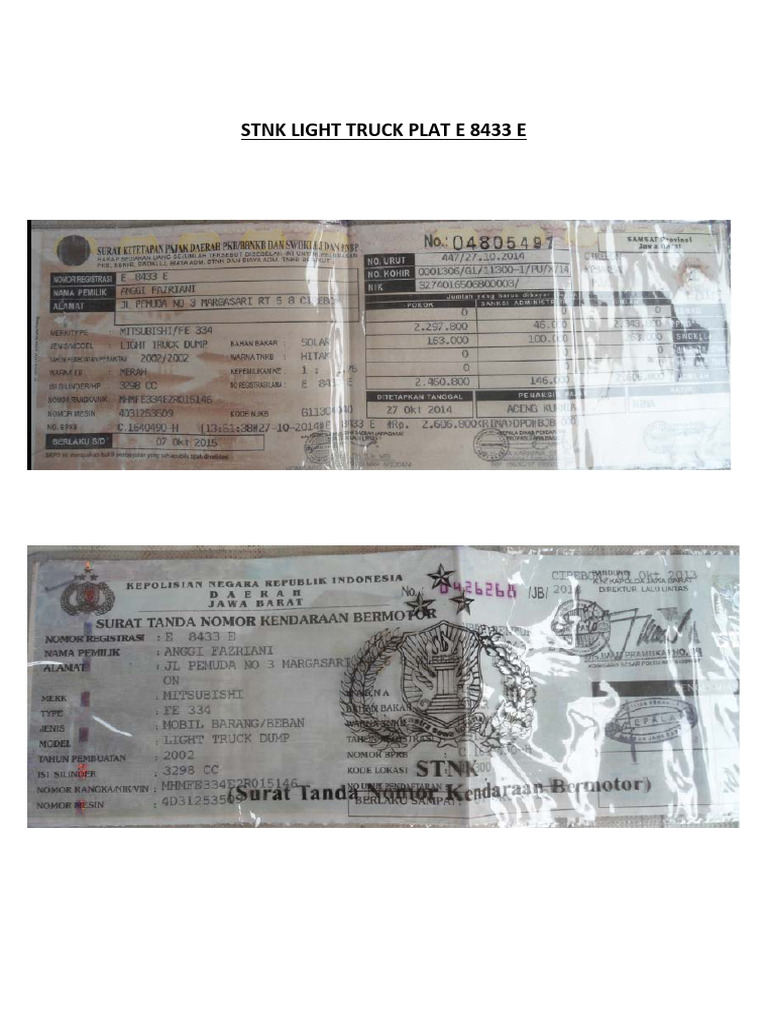 STNK Light Truck Plat e 8433 e | PDF