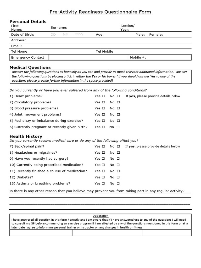 Pre-Activity Readiness Questionnaire Form | PDF | Pregnancy | Headache