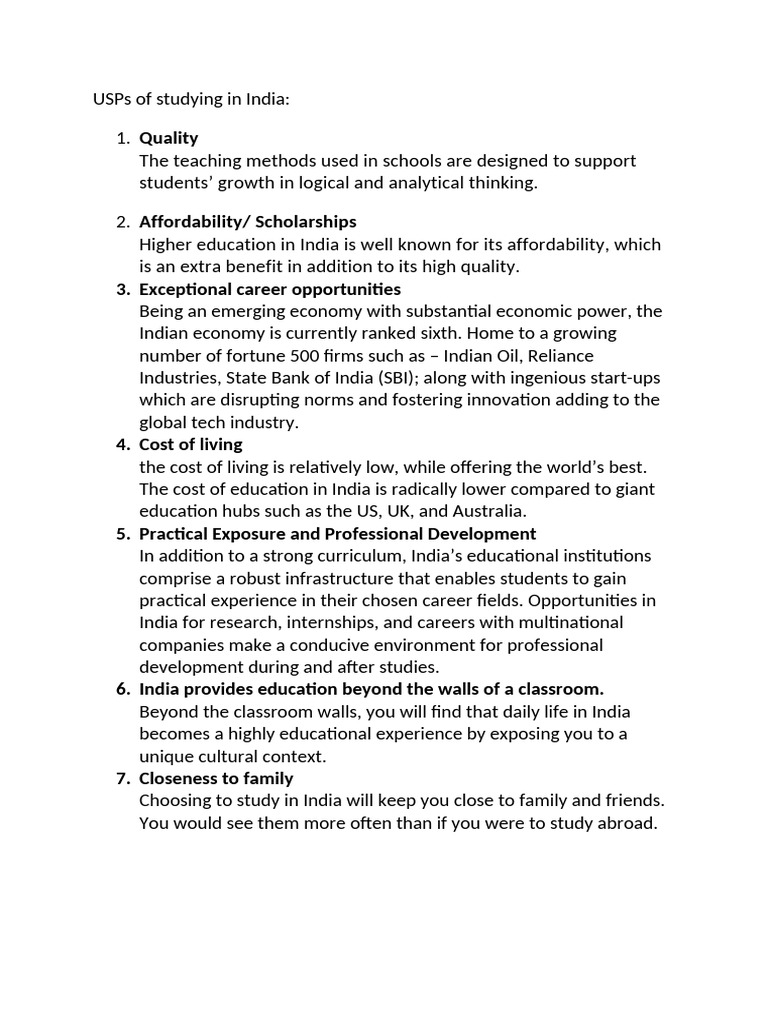 USPs of Studying in India | PDF