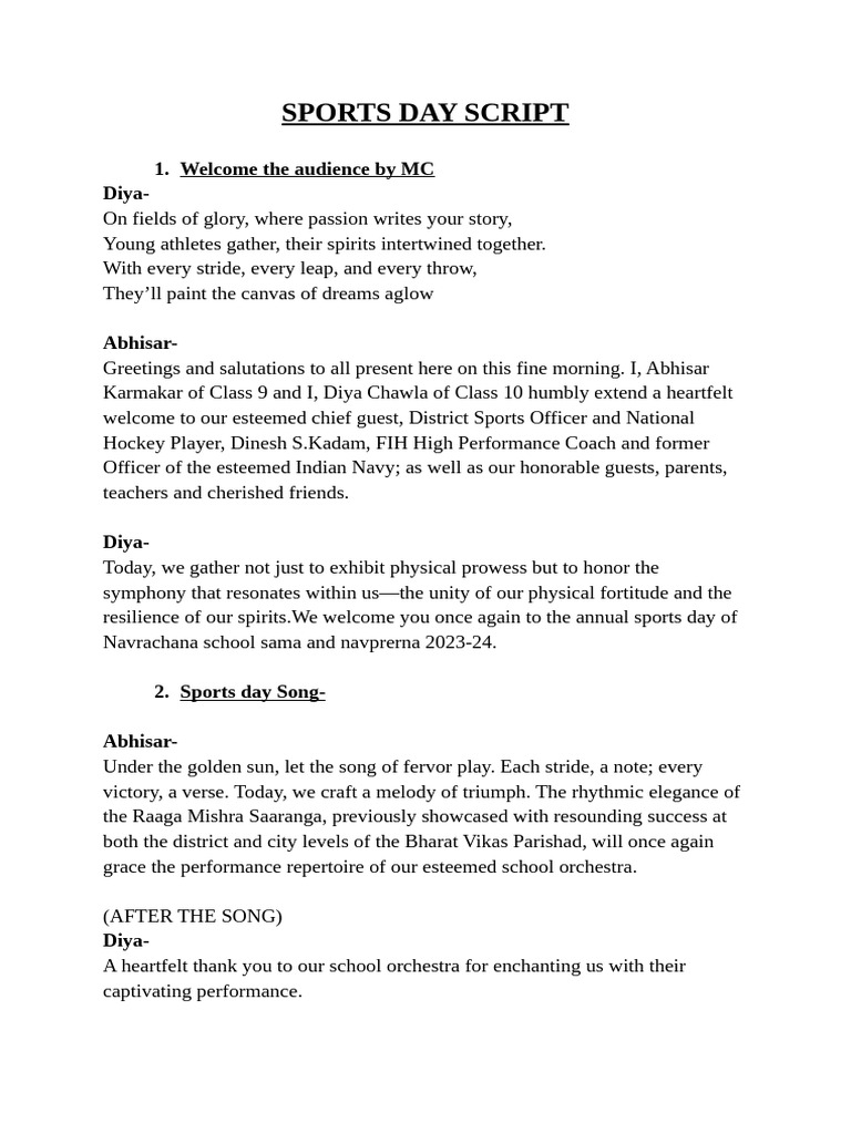 Sports Day 2023-24 Emcee Script | PDF