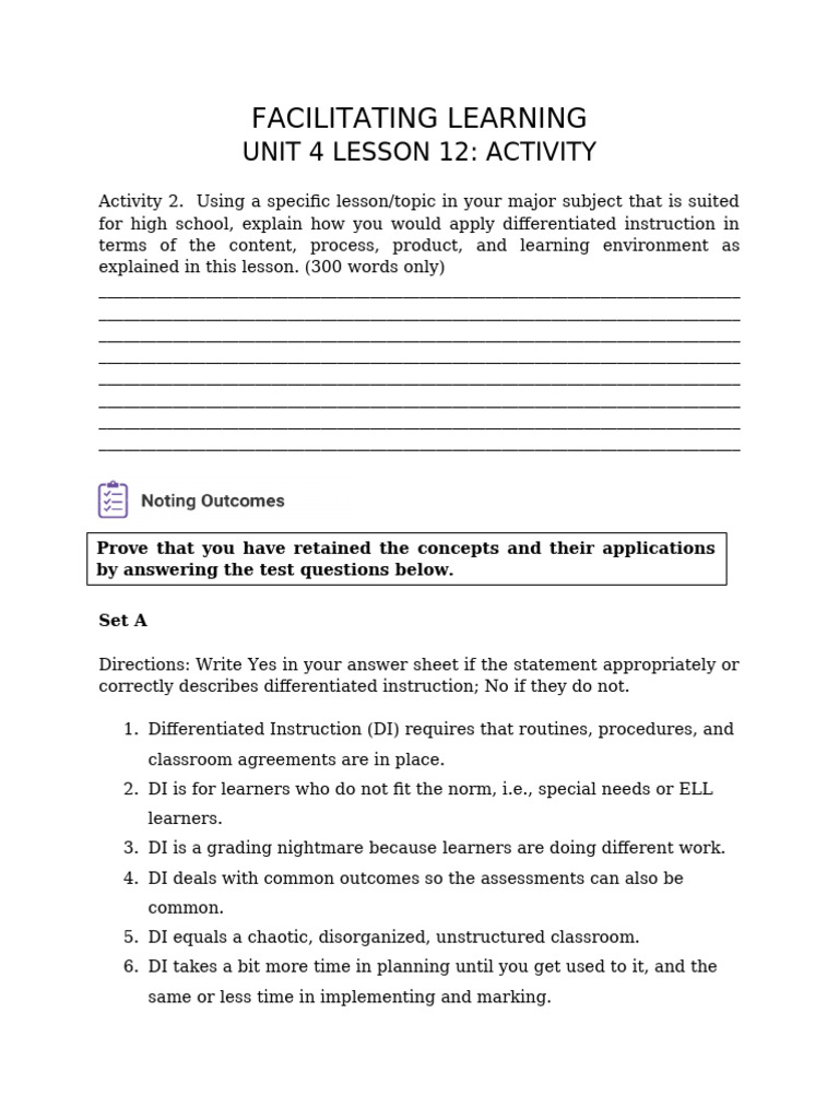 Faci Learning Unit 4 Lesson 12 Activity | PDF | Differentiated ...