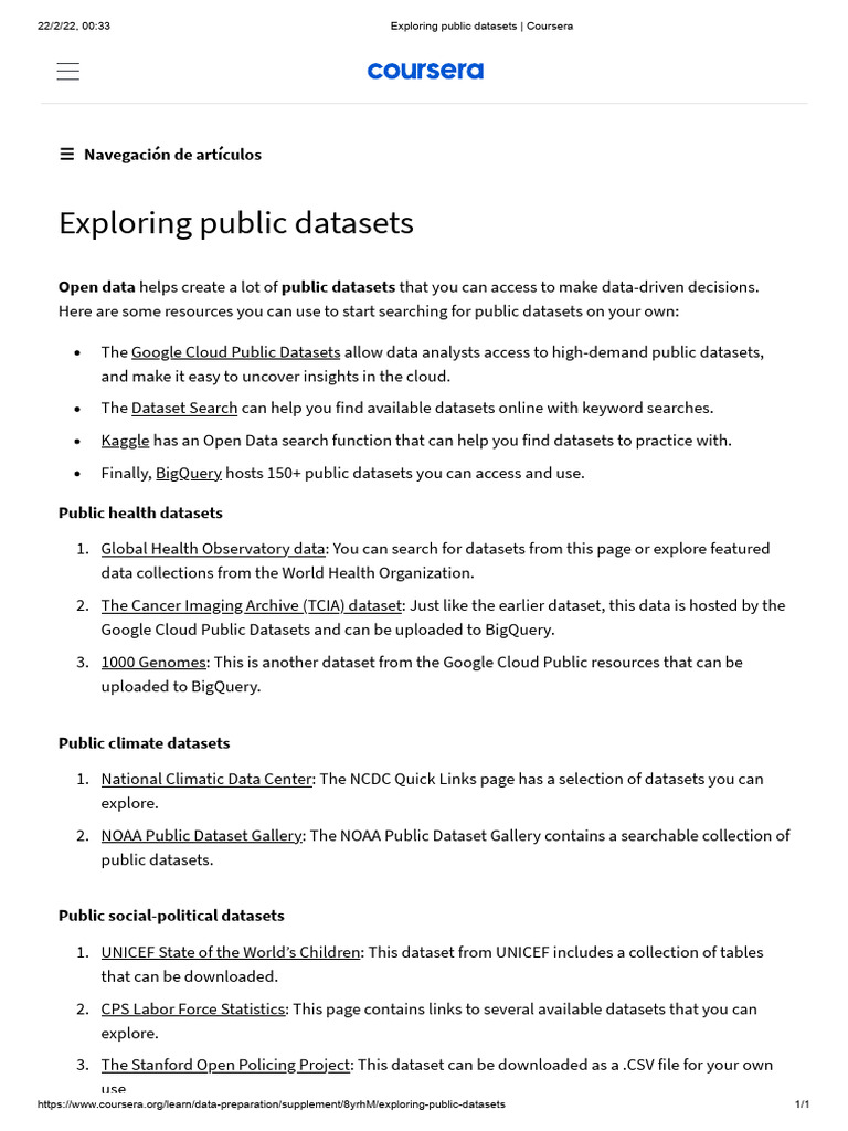 Exploring Public Datasets - Coursera | PDF