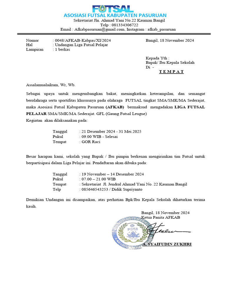 Undangan Liga Futsal Pelajar 2024 | PDF