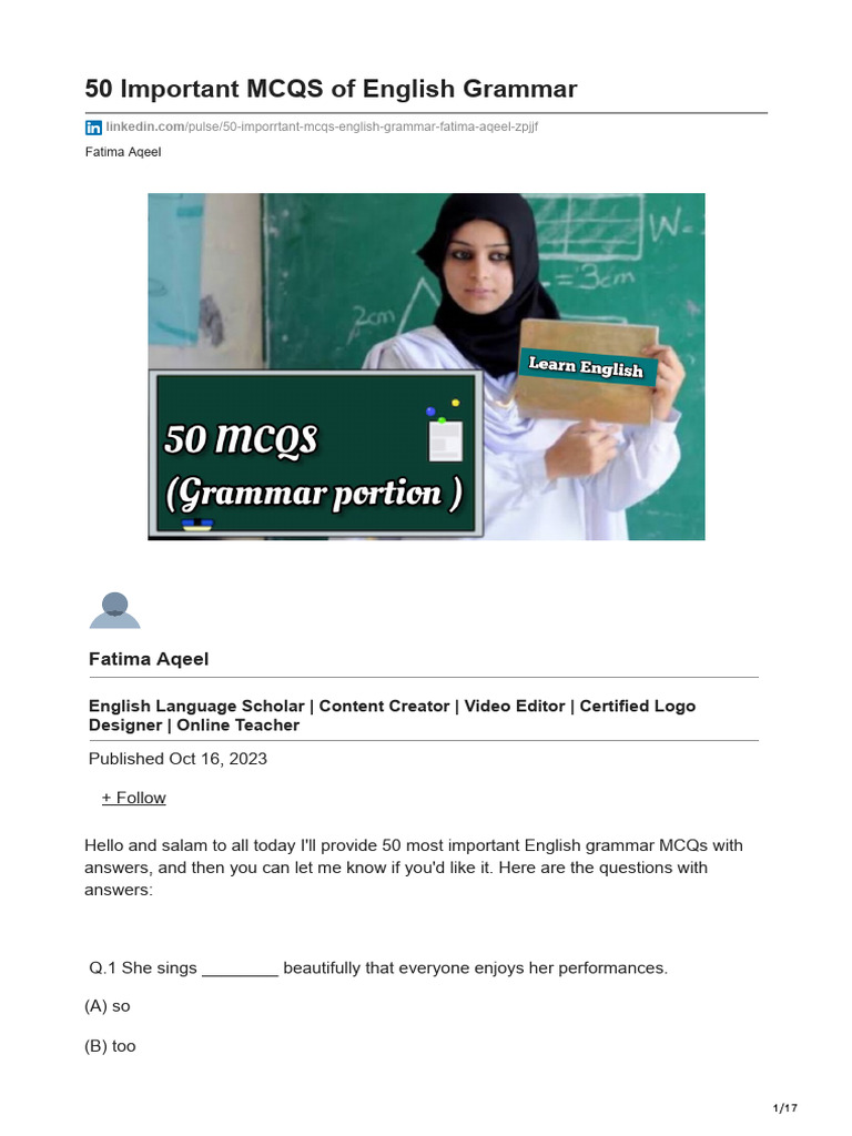 50 Essential English Grammar MCQs | PDF