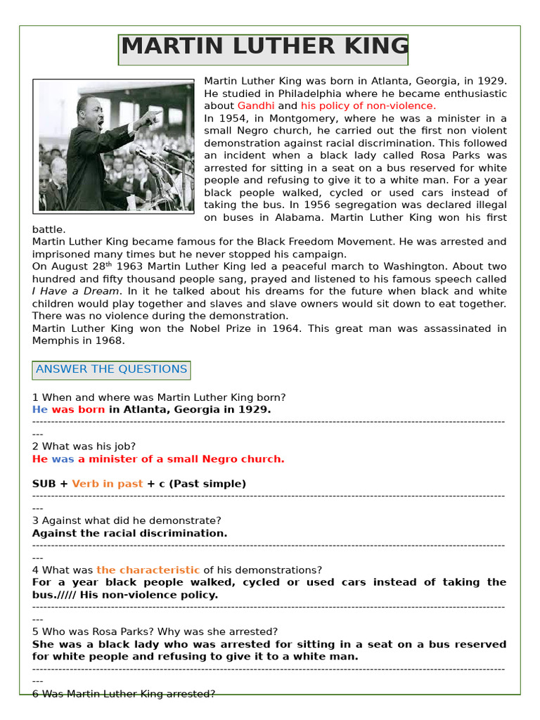 Martin - Luther - King - Reading - Comprehension CORRECTED | PDF ...