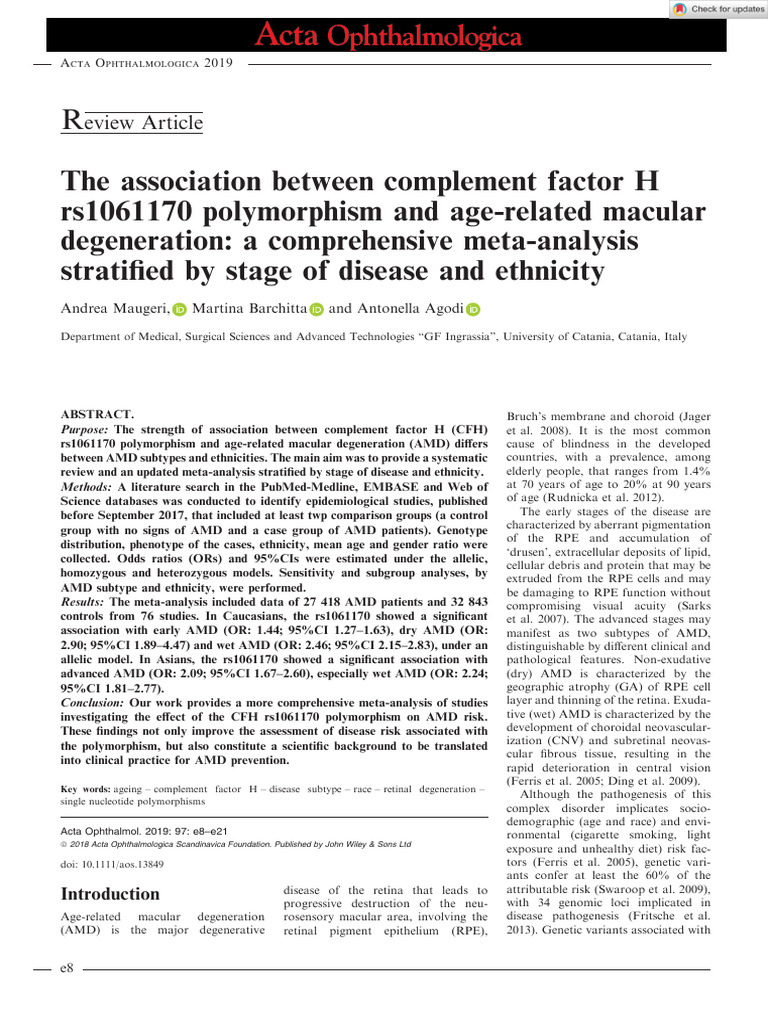 Acta Ophthalmologica - 2018 - Maugeri - The association between complement factor H rs1061170 ...