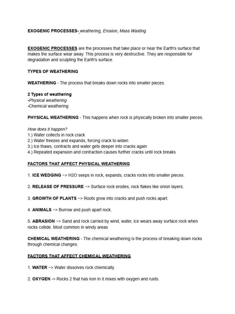 EXOGENIC PROCESSES Weathering Erosion Mass Wasting | PDF | Erosion ...