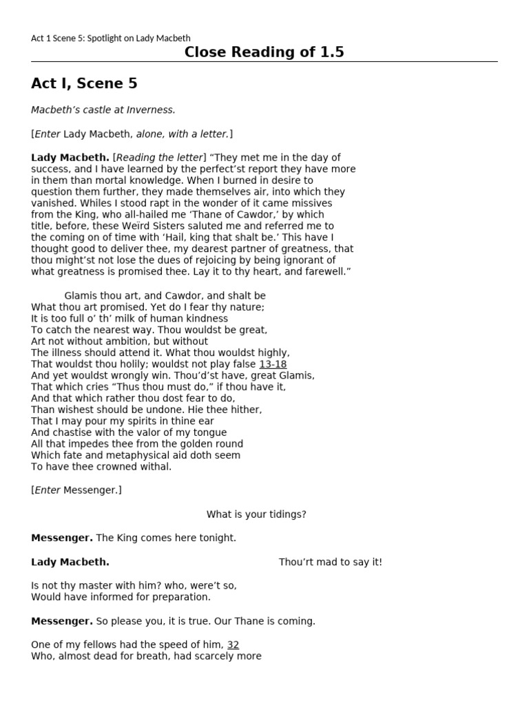 Close Reading of Act 1 Scene 5 Spotlight On Lady Macbeth-1 | PDF | Macbeth