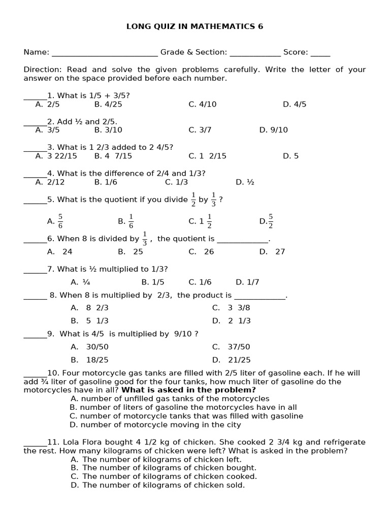 LONG QUIZ IN MATHEMATICS 6 q1 | PDF | Elementary Mathematics | Arithmetic