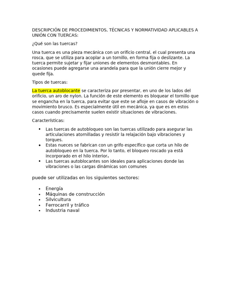 DESCRIPCIÓN DE PROCEDIMIENTOS[1] | PDF | Tornillo | Tuerca (Hardware)