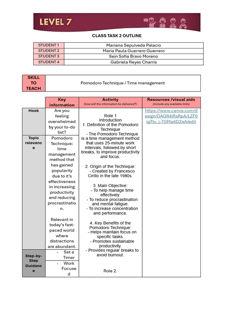 C7. Class Task Outline | PDF | Time Management | Professional Skills