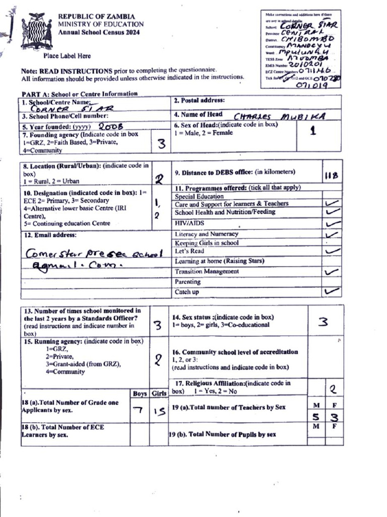 2024 Annual School Census Questionnaire - Corner Star Private School | PDF