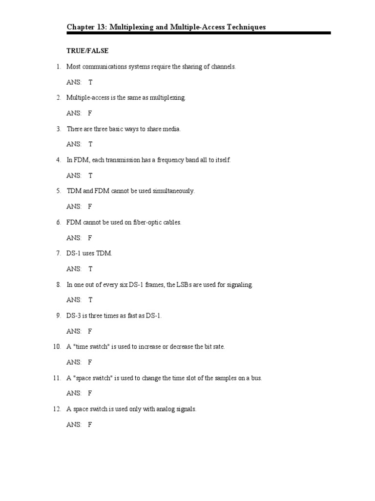 Chapter 13: Multiplexing and Multiple-Access Techniques: True/False | PDF | Code Division ...