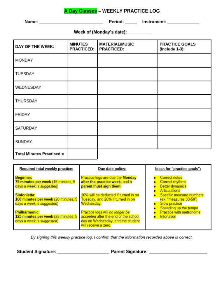 Weekly Music Practice Log Template | PDF