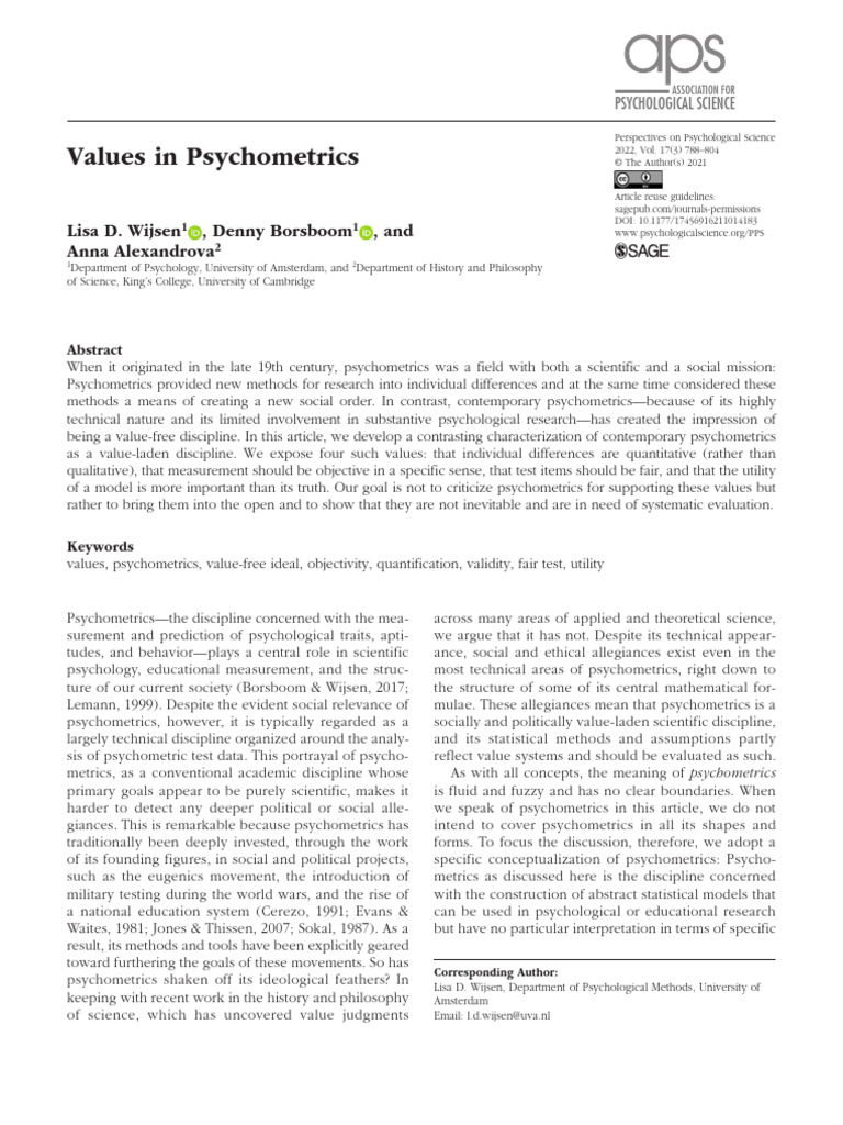 Values in Psychometrics | PDF | Psychometrics | Validity (Statistics)