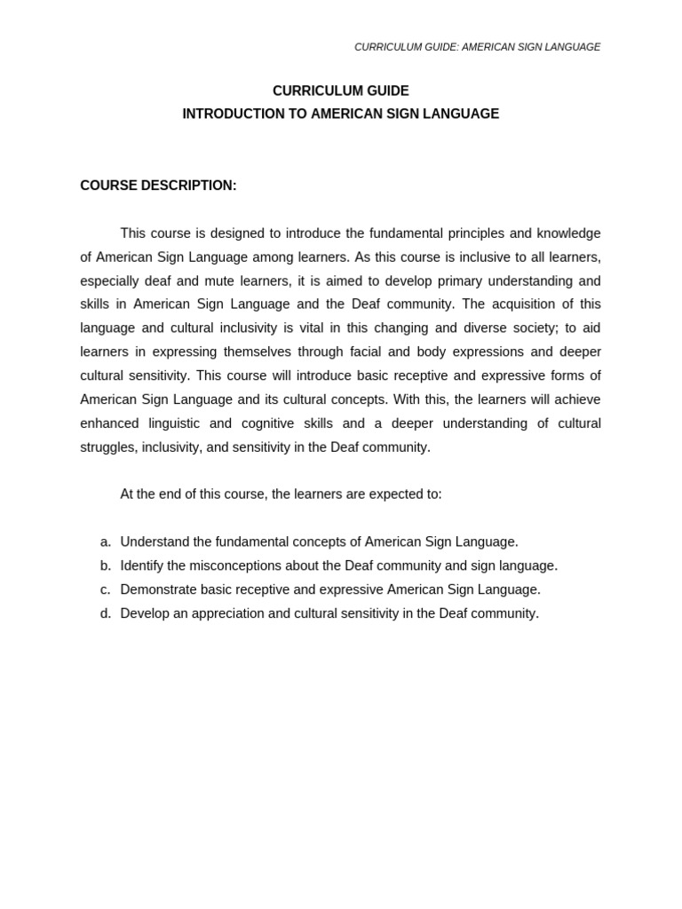 Curriculum Guide Course Description Asl | PDF