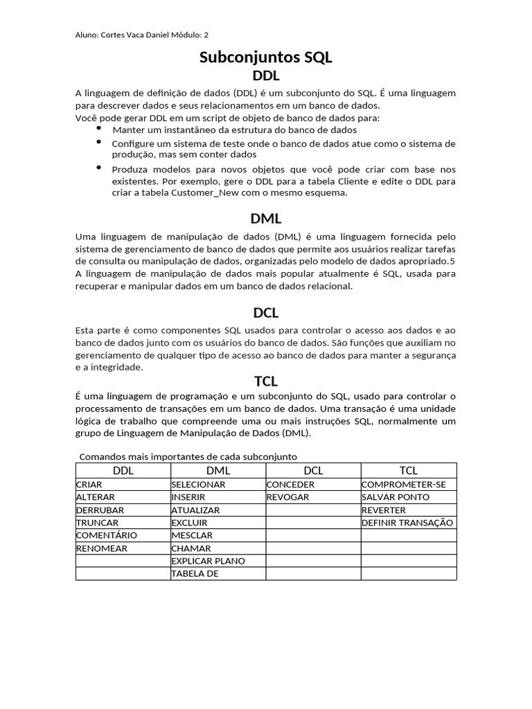 Subconjuntos SQL: DDL, DML, DCL e TCL | PDF