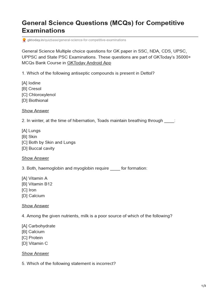 Gktoday - In-General Science Questions MCQs For Competitive ...