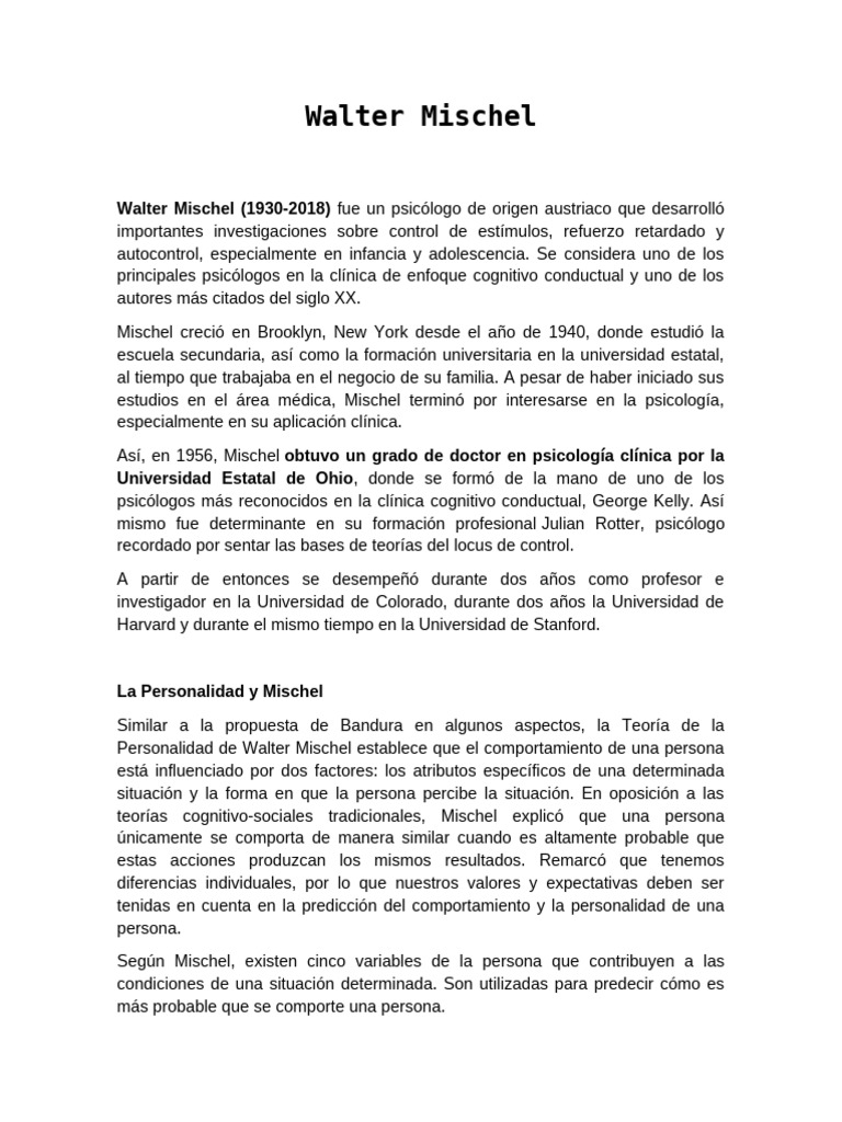 Walter Mischel: Teoría de la Personalidad | PDF | Sicología ...