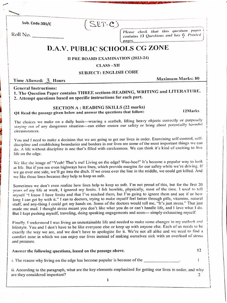 English Question Paper 2023-24 | PDF